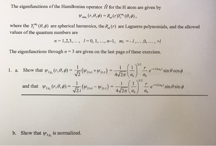 Solved The eigenfunctions of the Hamiltonian operator H for | Chegg.com