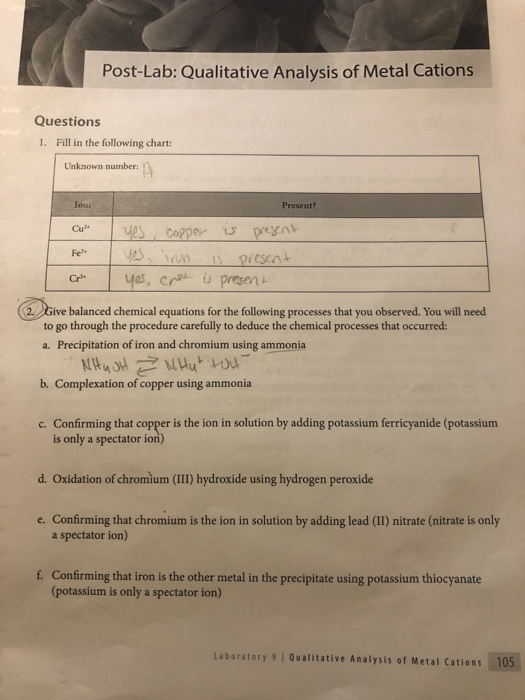 Solved: Post-Lab: Qualitative Analysis Of Metal Cations Qu... | Chegg.com