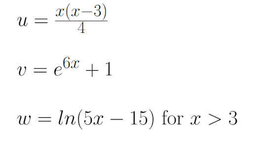 Solved u=4x(x−3)v=e6x+1w=ln(5x−15) | Chegg.com