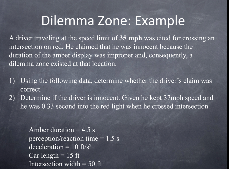 Solved Dilemma Zone: Example A driver traveling at the speed | Chegg.com