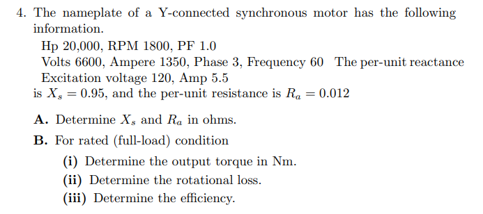 Solved 4. The nameplate of a Y-connected synchronous motor | Chegg.com