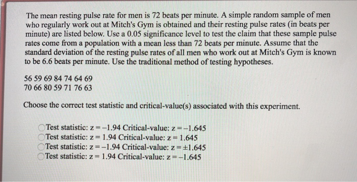 Solved The mean resting pulse rate for men is 72 beats per | Chegg.com