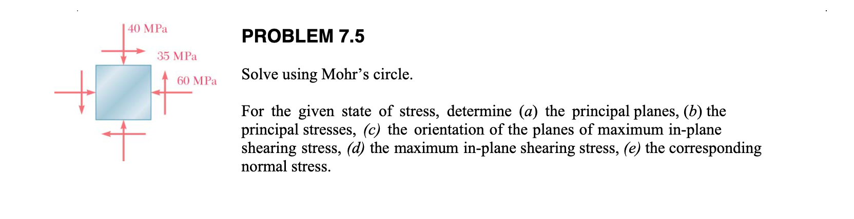 Solved 40 MPa PROBLEM 7.5 35 MPa Solve using Mohr's circle. | Chegg.com