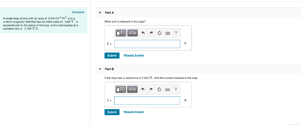 Solved Constants Part A A single loop of wire with an area | Chegg.com
