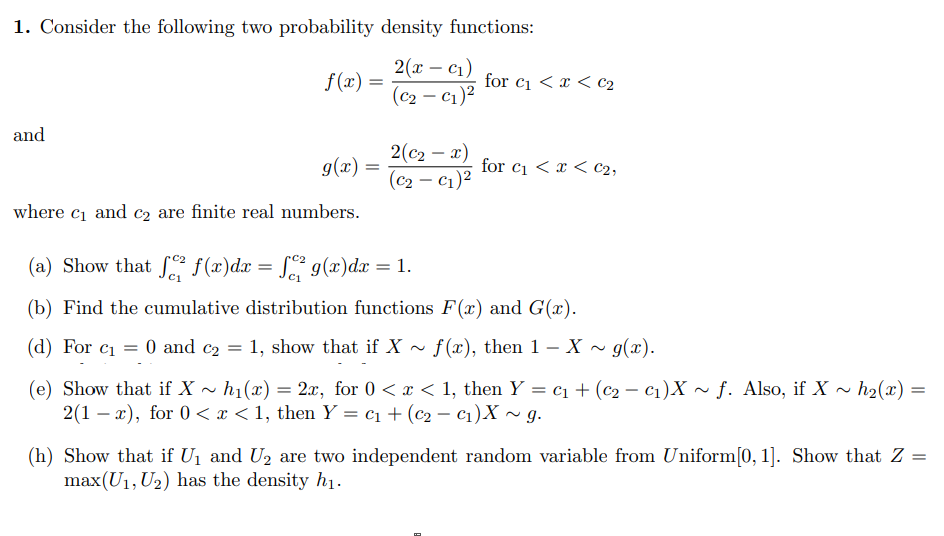 Solved 1. Consider the following two probability density | Chegg.com