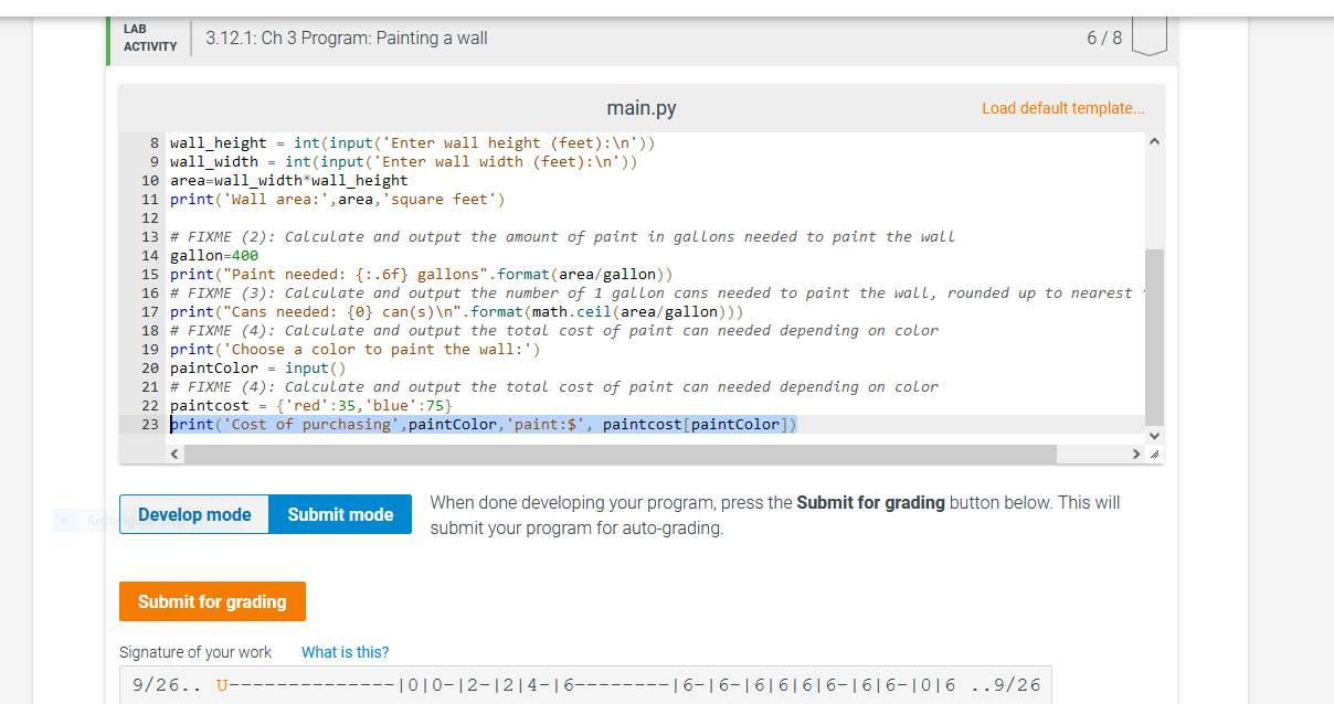 Solved Input 12 15 red Enter wall height (feet): Enter wall | Chegg.com