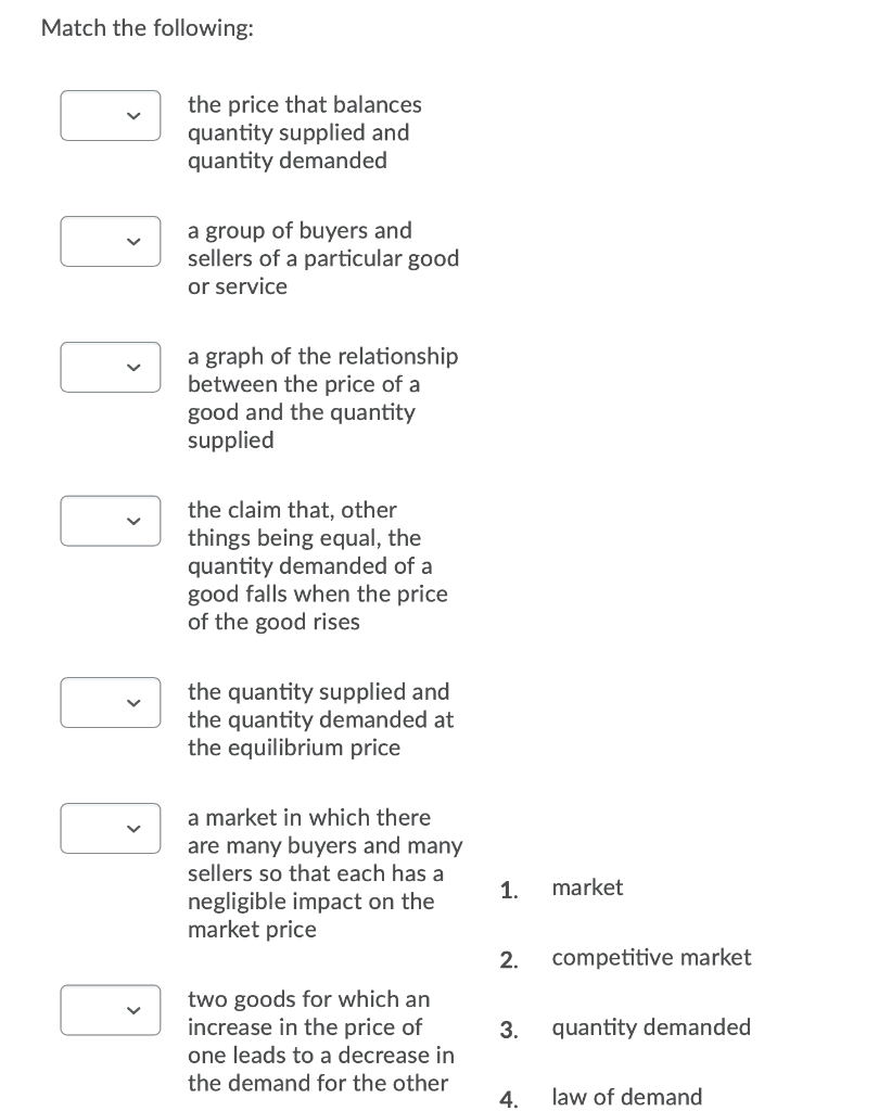 Solved Match the following: the price that balances quantity | Chegg.com