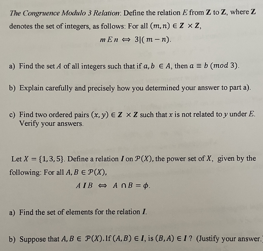Solved The Congruence Modulo 3 Relation Define The Relation