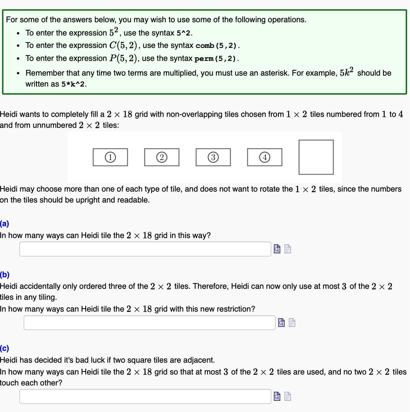 Solved Heidi wants to completely fill a 2×18 grid with | Chegg.com