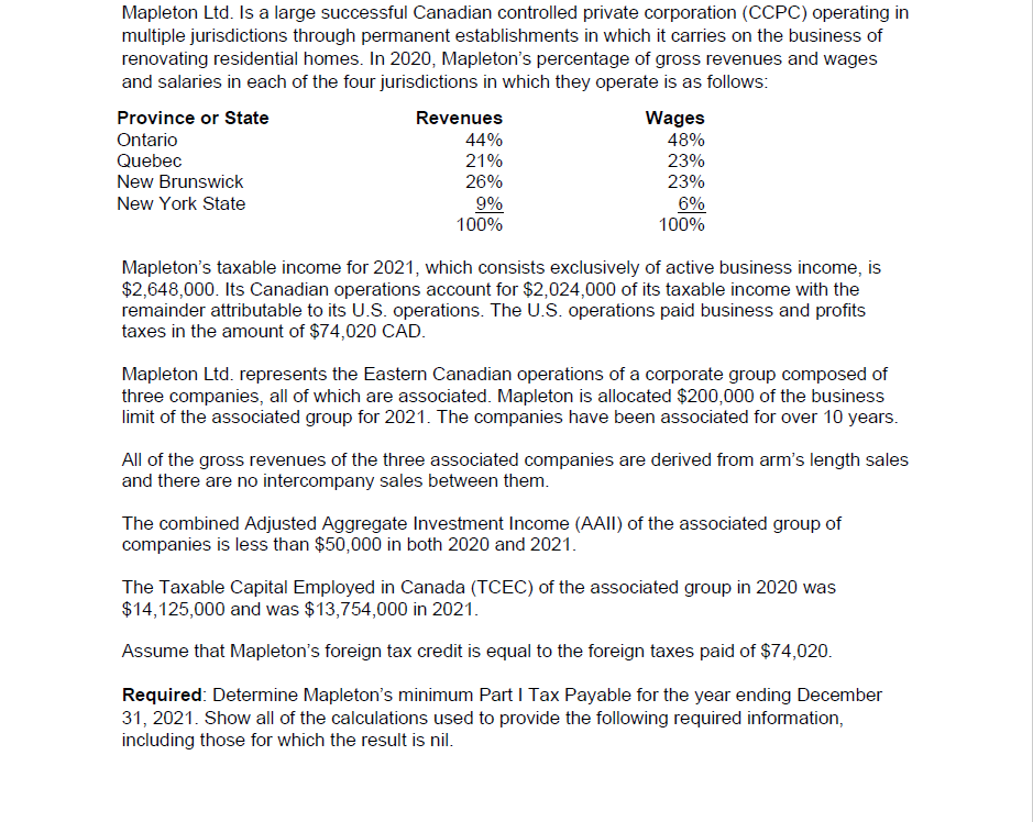 Mapleton Ltd. Is a large successful Canadian | Chegg.com