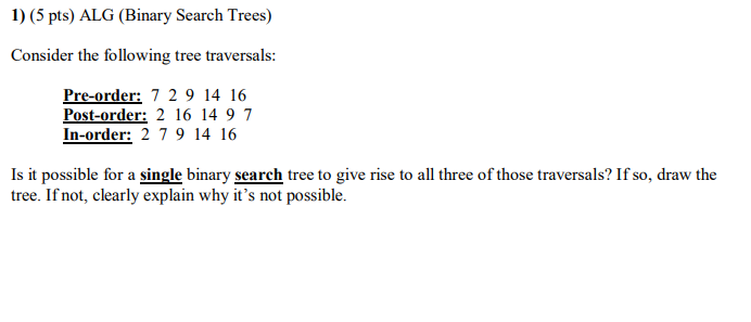 Solved 1) (5 pts) ALG (Binary Search Trees) Consider the | Chegg.com