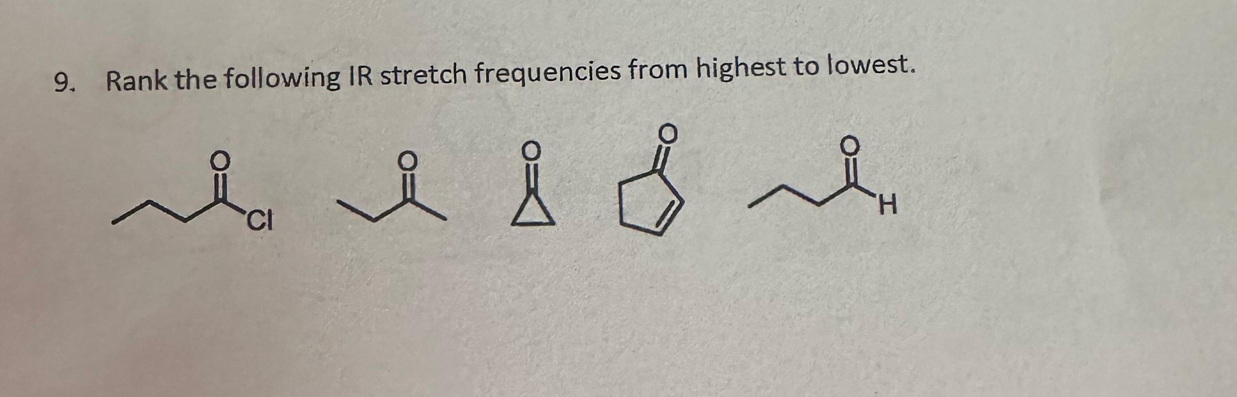 Solved 9. Rank the following IR stretch frequencies from | Chegg.com
