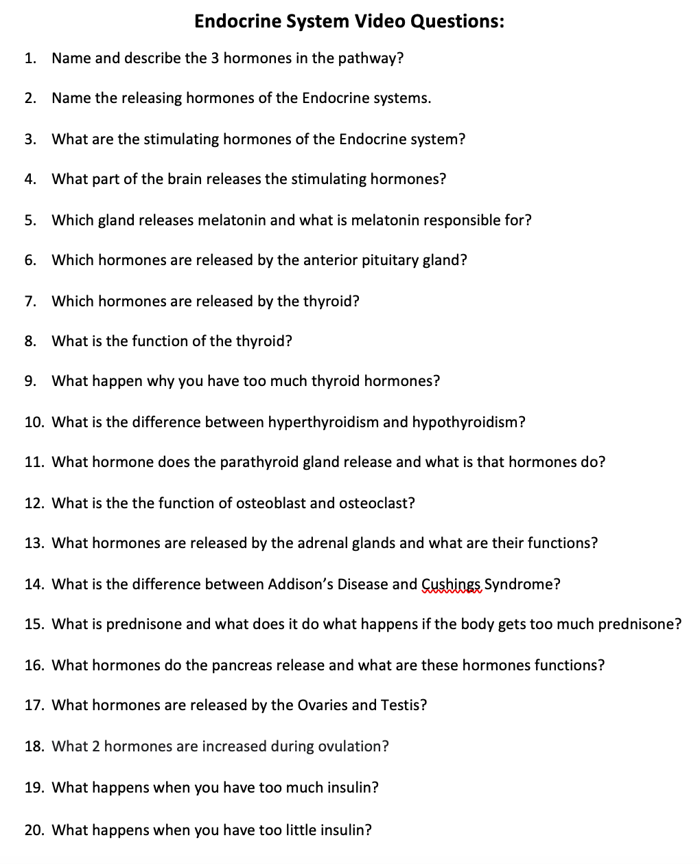 Solved Endocrine System Video Questions: 1. Name and | Chegg.com