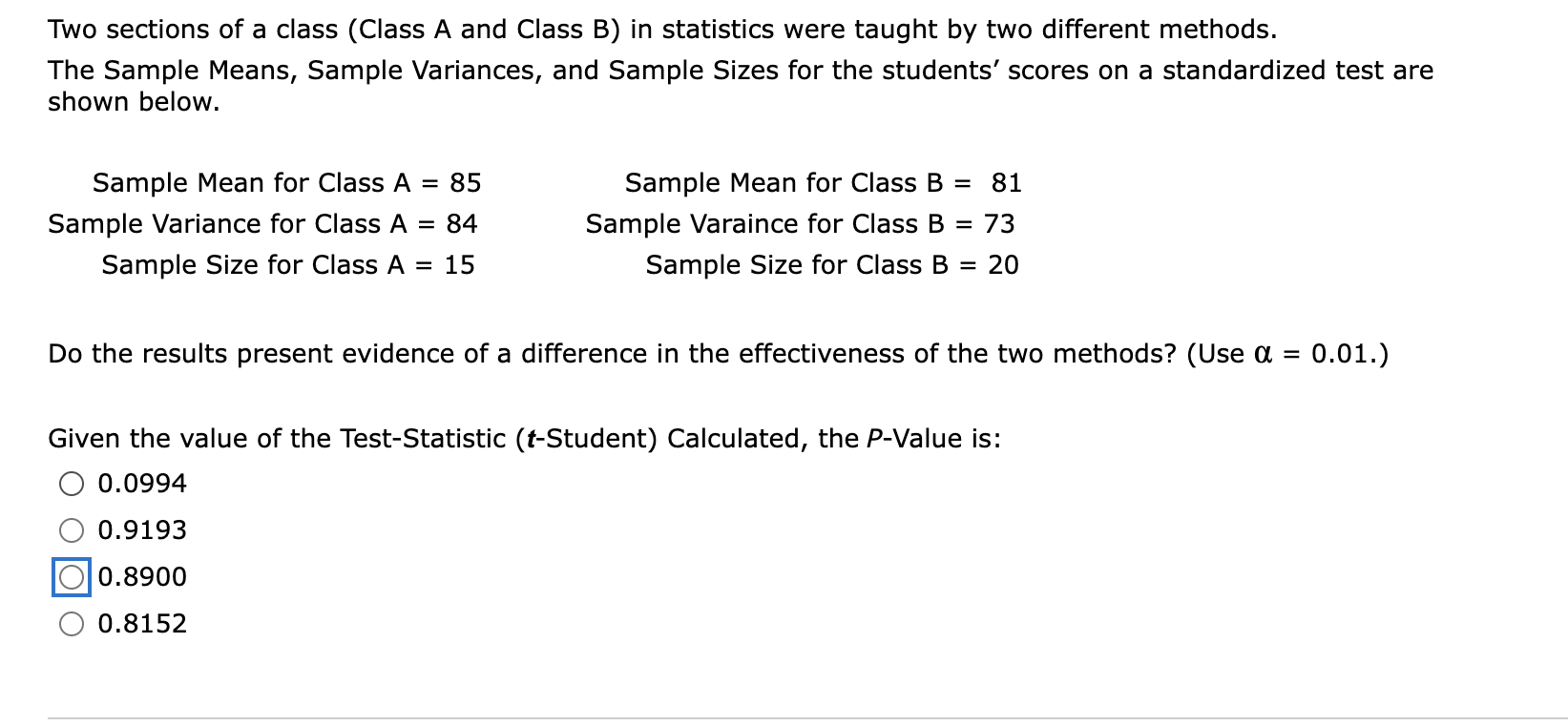Solved Two sections of a class (Class A and Class B) in | Chegg.com