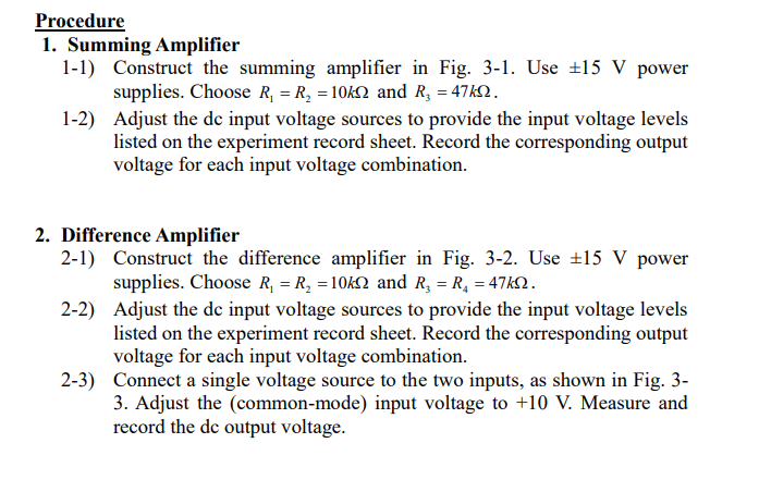 Solved Procedure 1. Summing Amplifier 1-1) Construct the | Chegg.com
