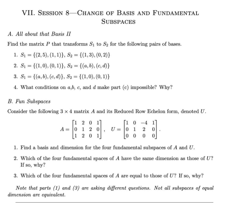 Solved VII. SESSION 8 - Change OF BASIS AND Fundamental | Chegg.com