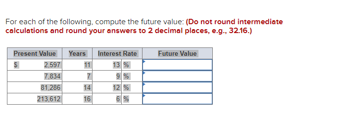 Solved For each of the following, compute the future value: | Chegg.com