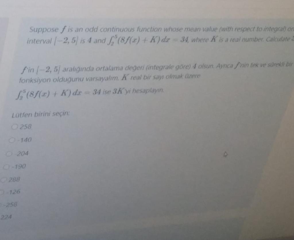 Solved Suppose f is an odd continuous function whose mean | Chegg.com
