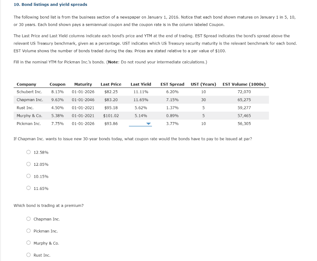 Solved 10. Bond listings and yield spreads The following | Chegg.com