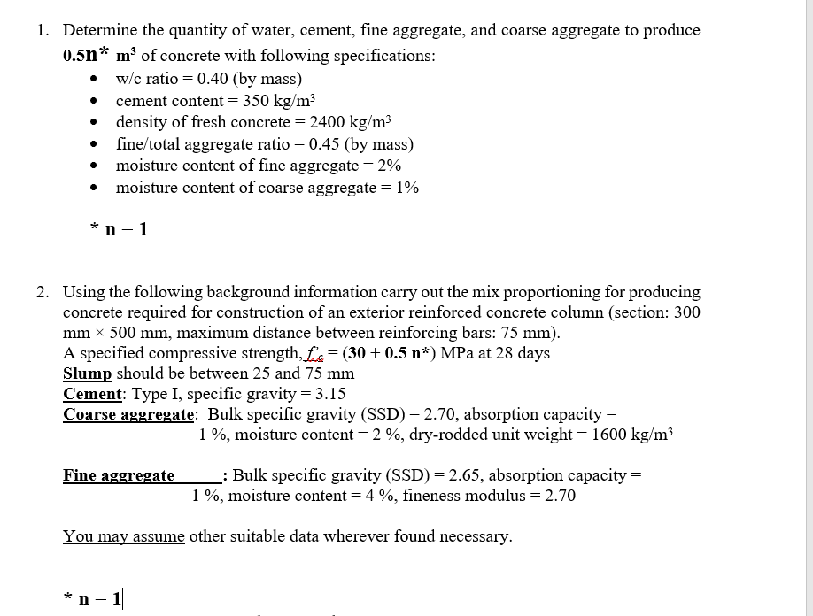 Solved Determine the quantity of water, cement, fine | Chegg.com
