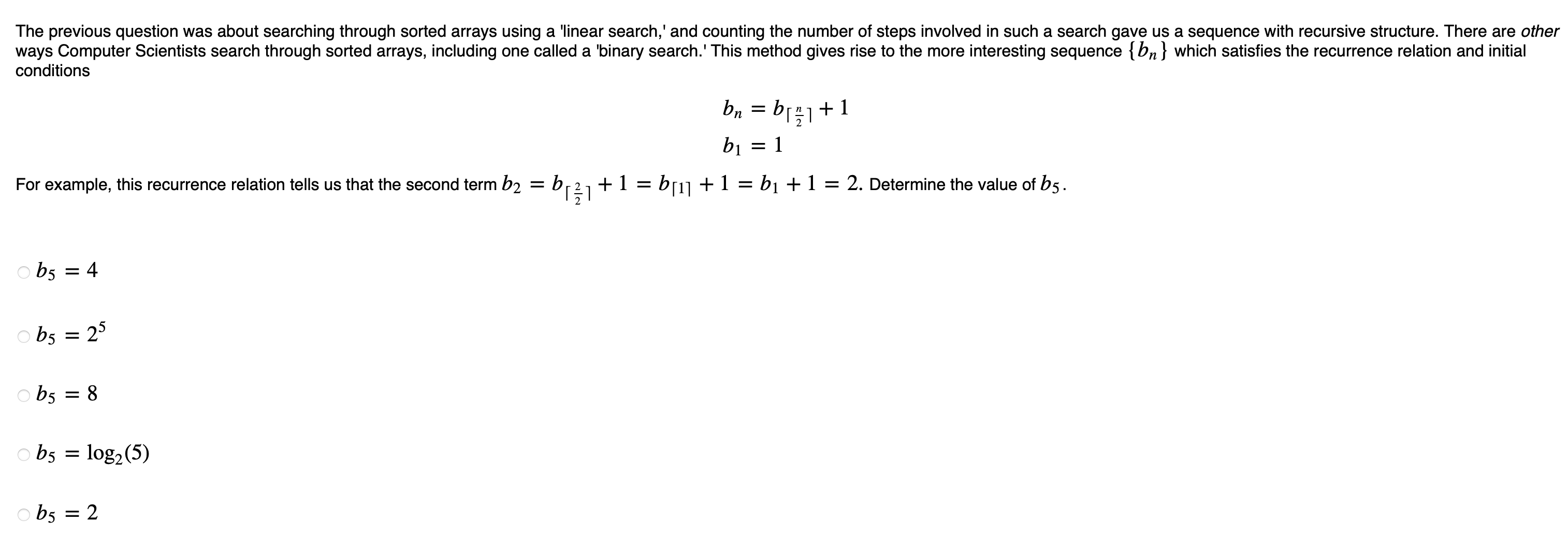 Solved bn=b⌈2n⌉+1b1=1 ox example, this recurrence relation | Chegg.com