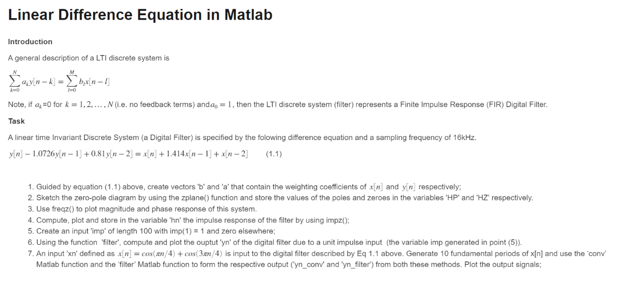 Linear Difference Equation in Matlab Introduction A | Chegg.com