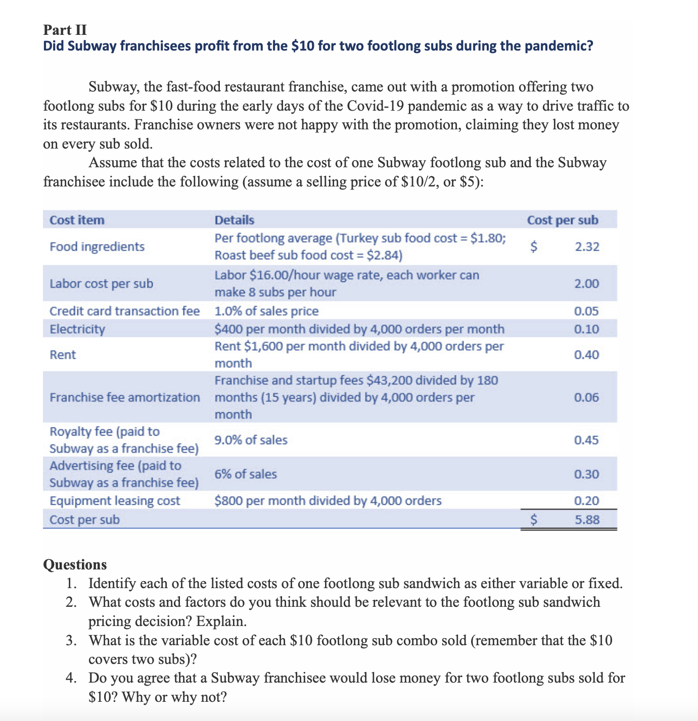 Solved Part II Did Subway franchisees profit from the $10 | Chegg.com