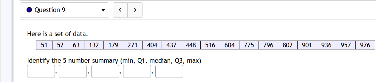 Solved Question 9Here is a set of data.Identify the 5 | Chegg.com