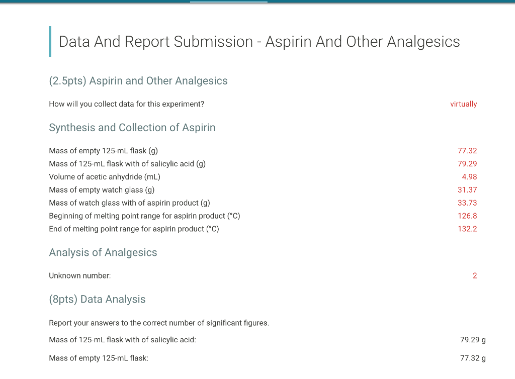 Solved Data And Report Submission - Aspirin And Other | Chegg.com