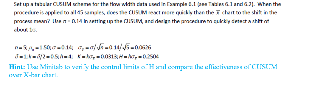 Solved Set up a tabular CUSUM scheme for the flow width data | Chegg.com