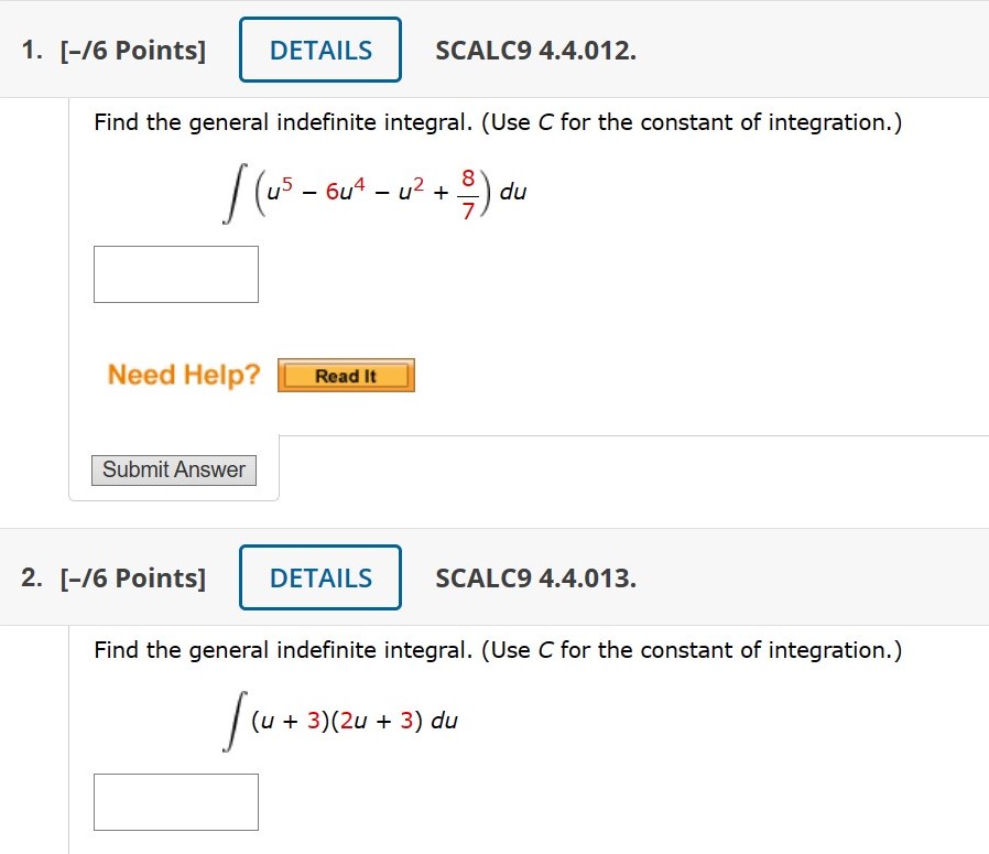 Solved Points]SCALC9 4.4.012.Find the general indefinite | Chegg.com
