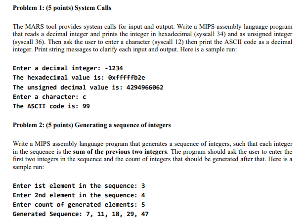 Solved Problem 1: (5 points) System Calls The MARS tool | Chegg.com