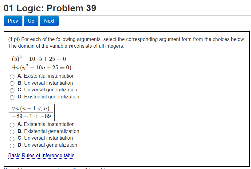 Solved 01 Logic: Problem 39 Prev Next Up (1 pt) For each of | Chegg.com
