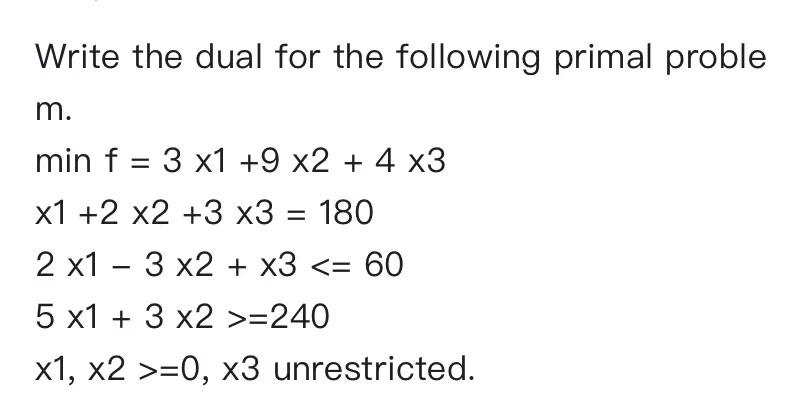 Solved Write the dual for the following primal proble m. min | Chegg.com