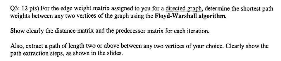 Solved Q3: 12 pts) For the edge weight matrix assigned to | Chegg.com