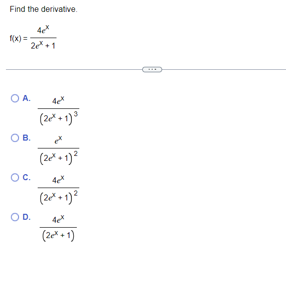 Solved Find the derivative. f(x)=2ex+14ex A. (2ex+1)34ex B. | Chegg.com