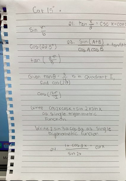Solved cot15∘= sin6π 21. tan2x=cscx−cot cos(22.5∘) 23. | Chegg.com