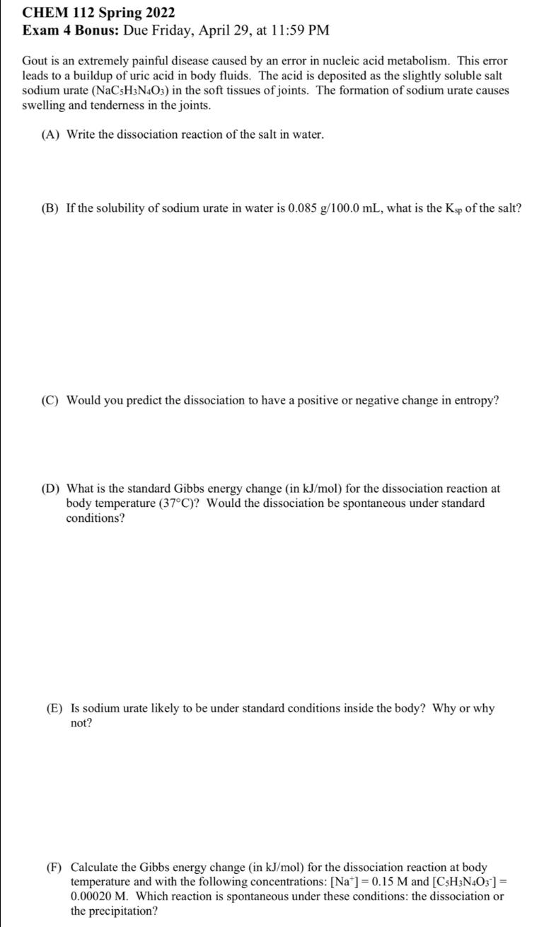 Solved CHEM 112 Spring 2022 Exam 4 Bonus: Due Friday, April | Chegg.com