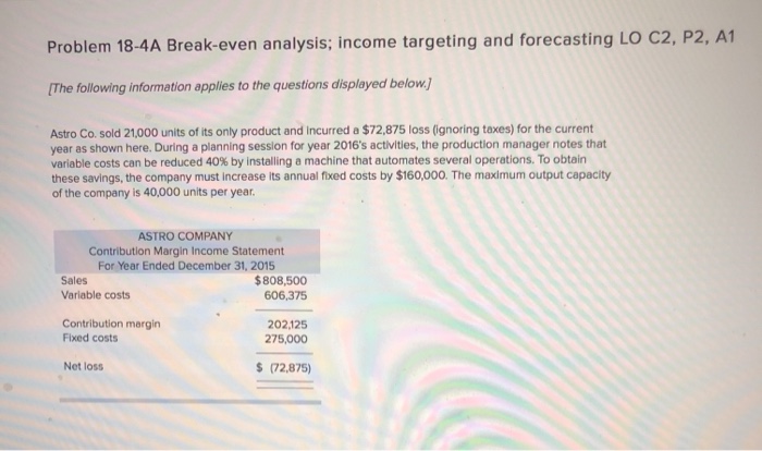 Solved Problem 18-4A Break-even analysis; income targeting | Chegg.com