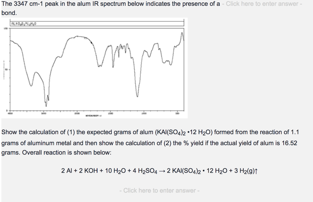 Solved The 3347 cm-1 peak in the alum IR spectrum below | Chegg.com Solved The 3347 cm-1 peak in the alum IR spectrum below | Chegg.com