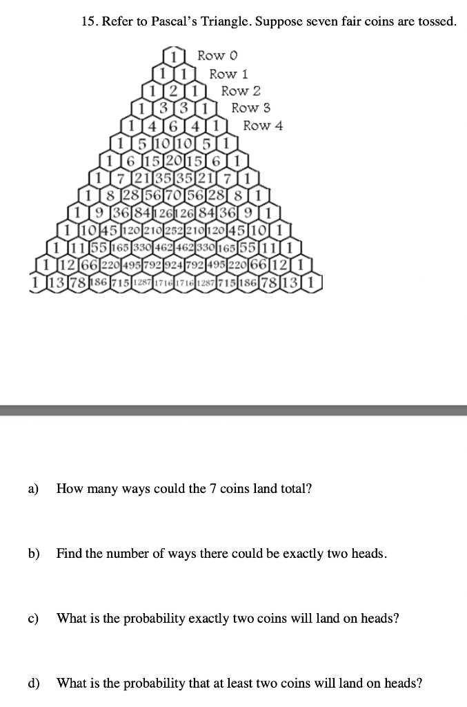 Solved 15. Refer to Pascal's Triangle. Suppose seven fair | Chegg.com