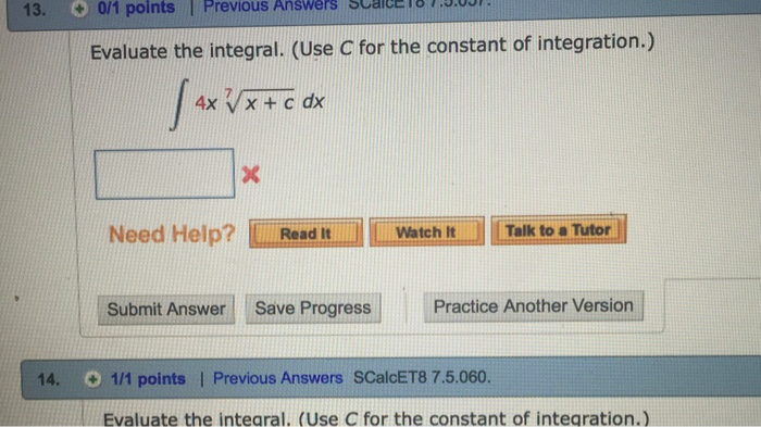 Solved 5. O 0/1 points l Previous Answers SCalcET8 7.5.008. | Chegg.com