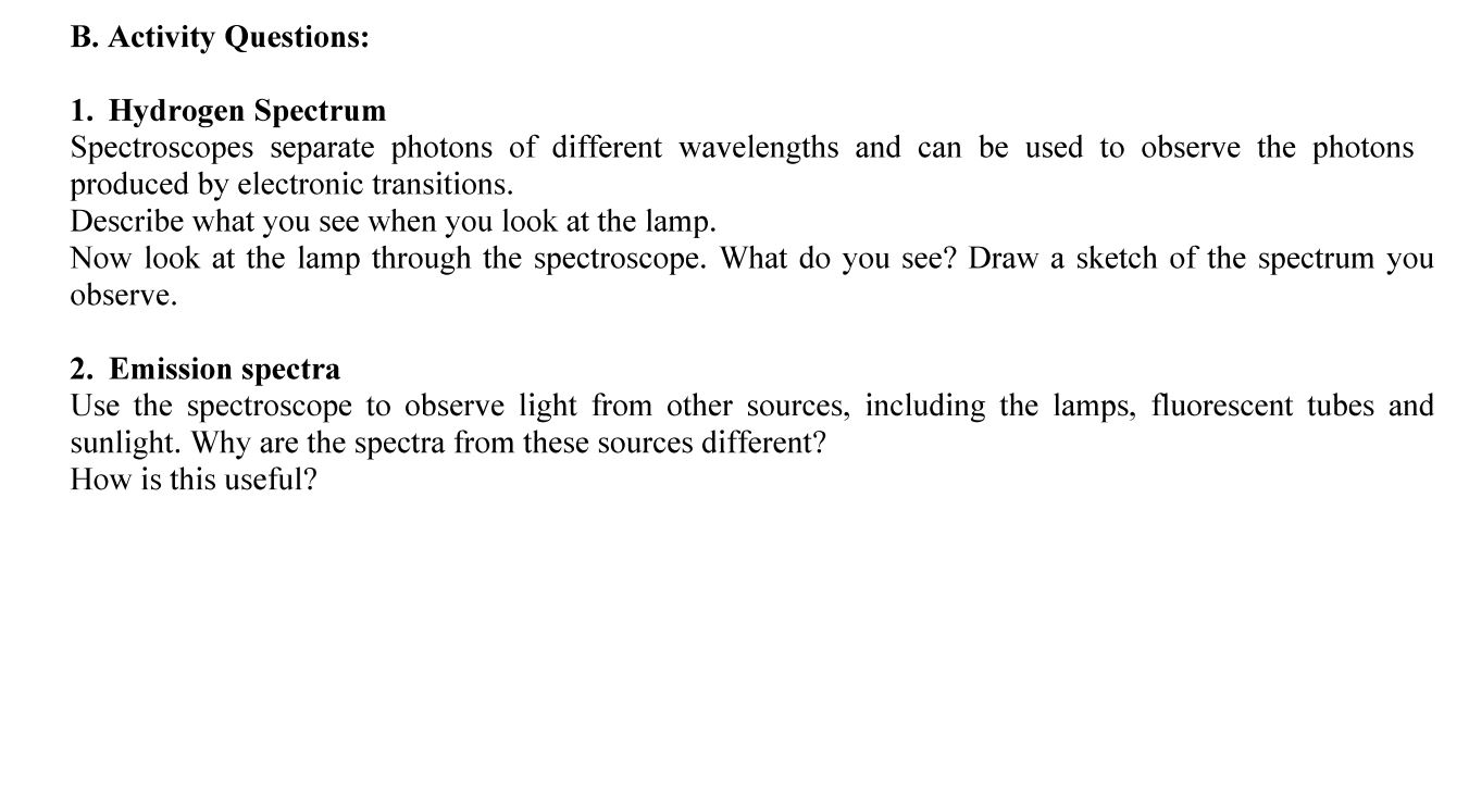 Solved B. Activity Questions: 1. Hydrogen Spectrum | Chegg.com