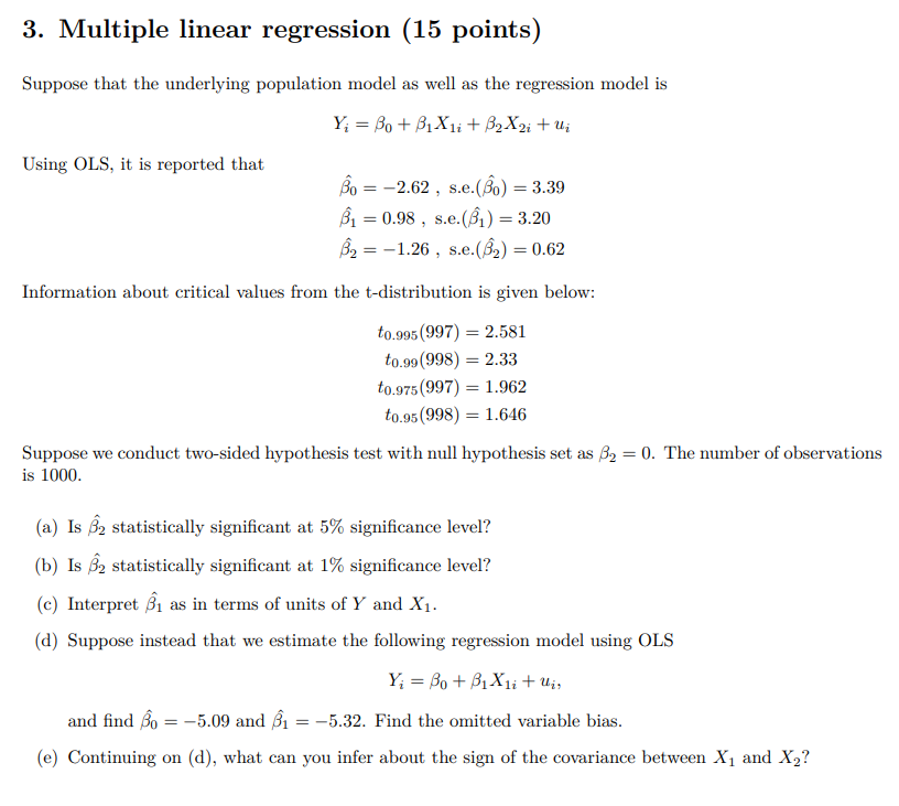 Solved 3. Multiple linear regression (15 points) Suppose | Chegg.com