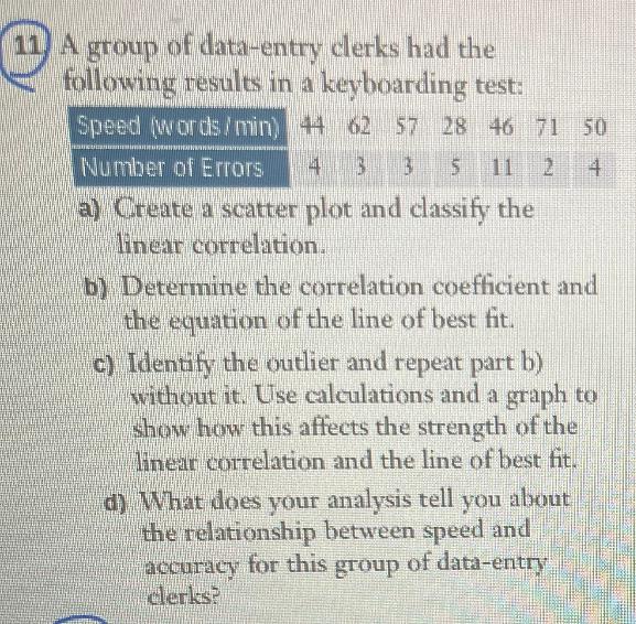Solved 11 A group of data-entry clerks had the following | Chegg.com
