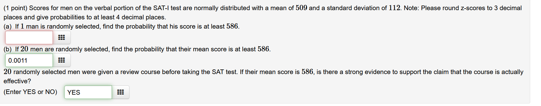Solved (1 point) Scores for men on the verbal portion of the | Chegg.com