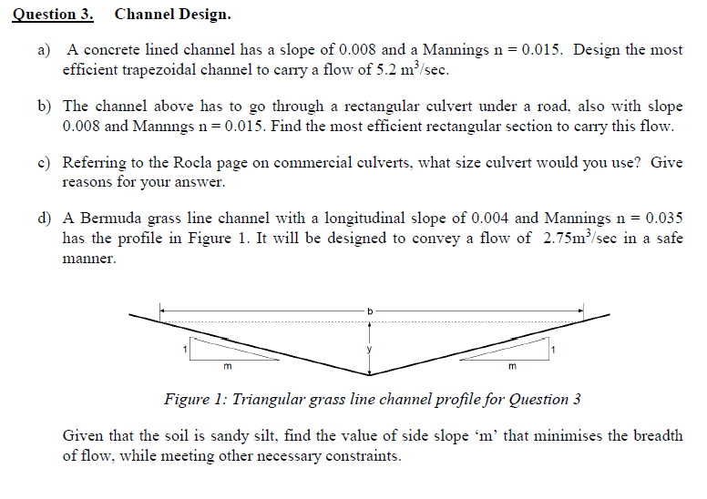 Question 3. Channel Design. a) A concrete lined | Chegg.com