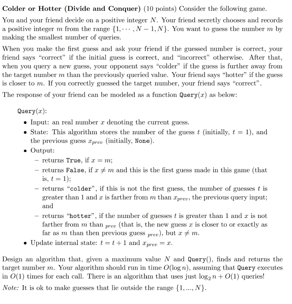 Solved Colder or Hotter (Divide and Conquer) (10 points) | Chegg.com