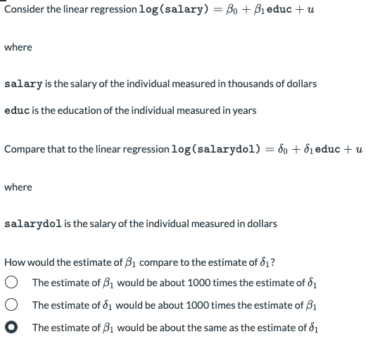 Solved Consider the linear regression log(salary) = Bo + Bi | Chegg.com