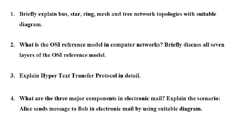 Solved 1. Briefly explain bus, star, ring, mesh and tree | Chegg.com